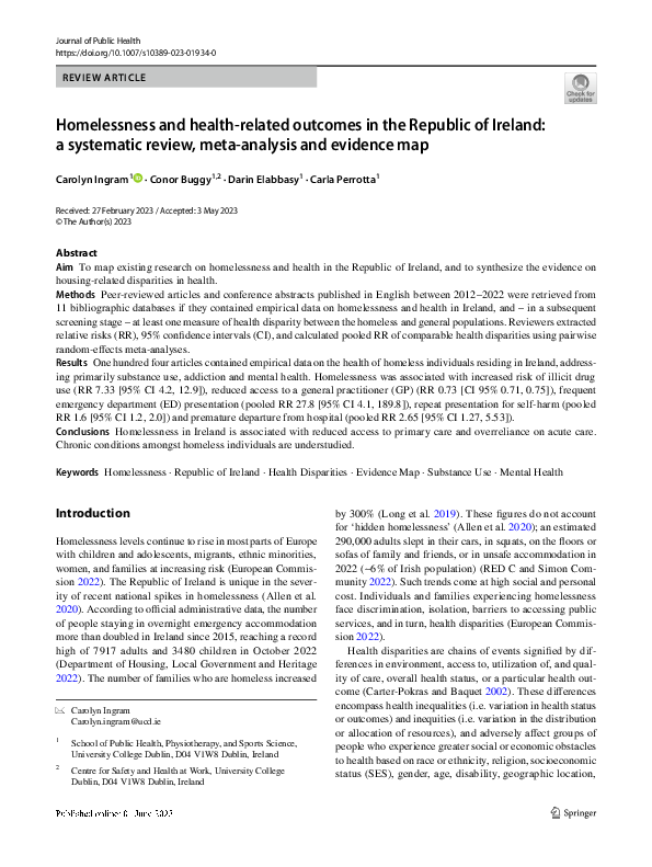 Homelessness and health-related outcomes in the Republic of Ireland: A ...