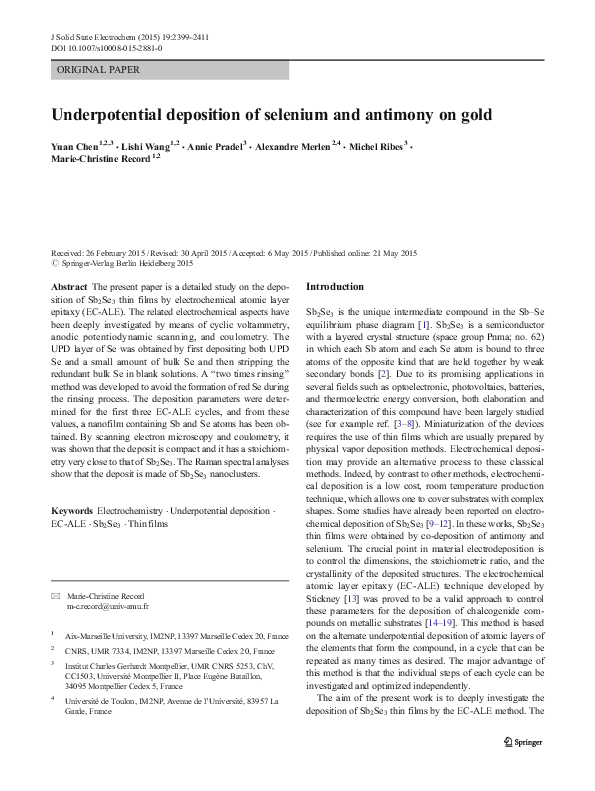 (PDF) Underpotential deposition of selenium and antimony on gold