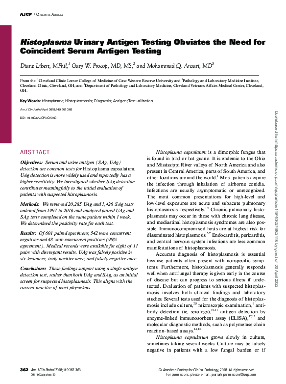 (PDF) Histoplasma Urinary Antigen Testing Obviates the Need for ...