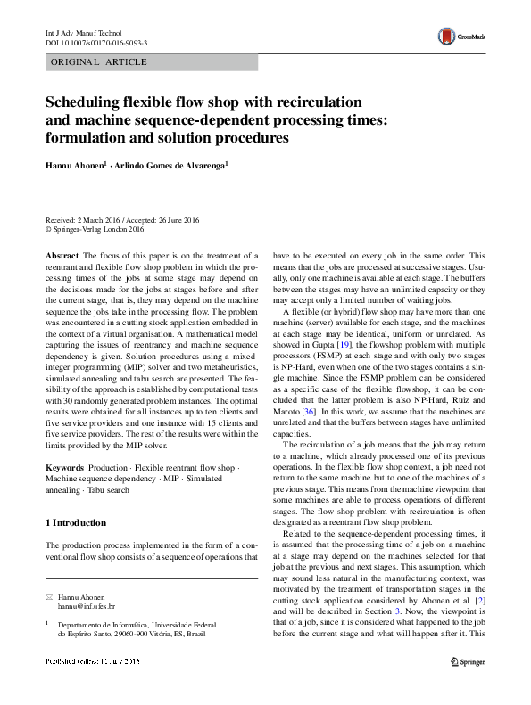 Pdf Scheduling Flexible Flow Shop With Recirculation And Machine Sequence Dependent Processing