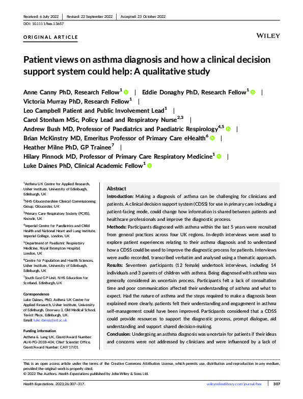 (PDF) Patient views on asthma diagnosis and how a clinical decision support system could help: A ...