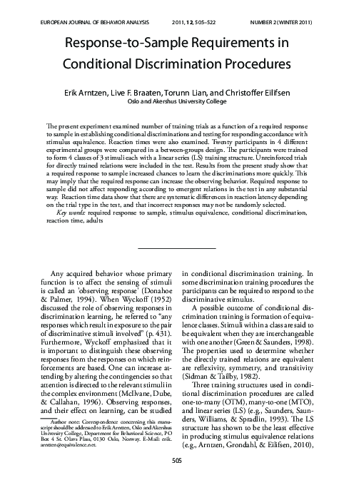 (PDF) Response-to-Sample Requirements in Conditional Discrimination Procedures | Torunn Lian ...