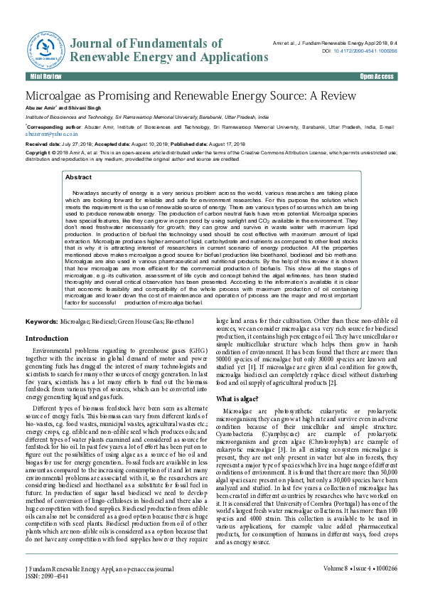 (PDF) Microalgae as Promising and Renewable Energy Source: A Review