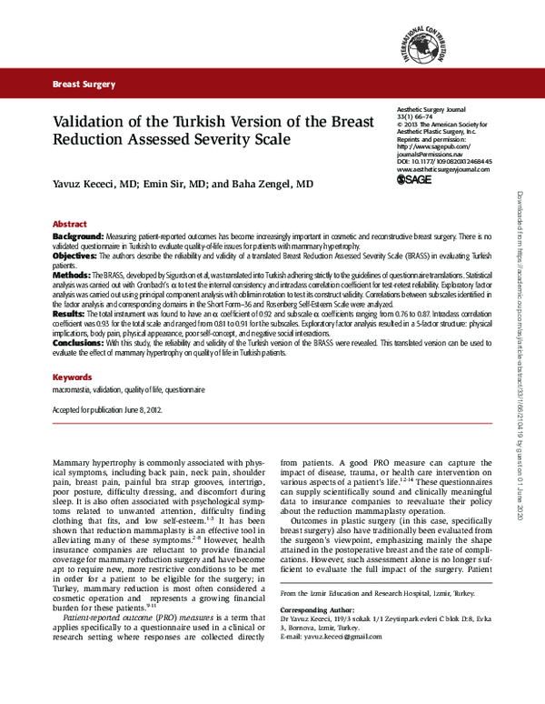 (PDF) Turkish Validation of Breast Reduction Severity Scale