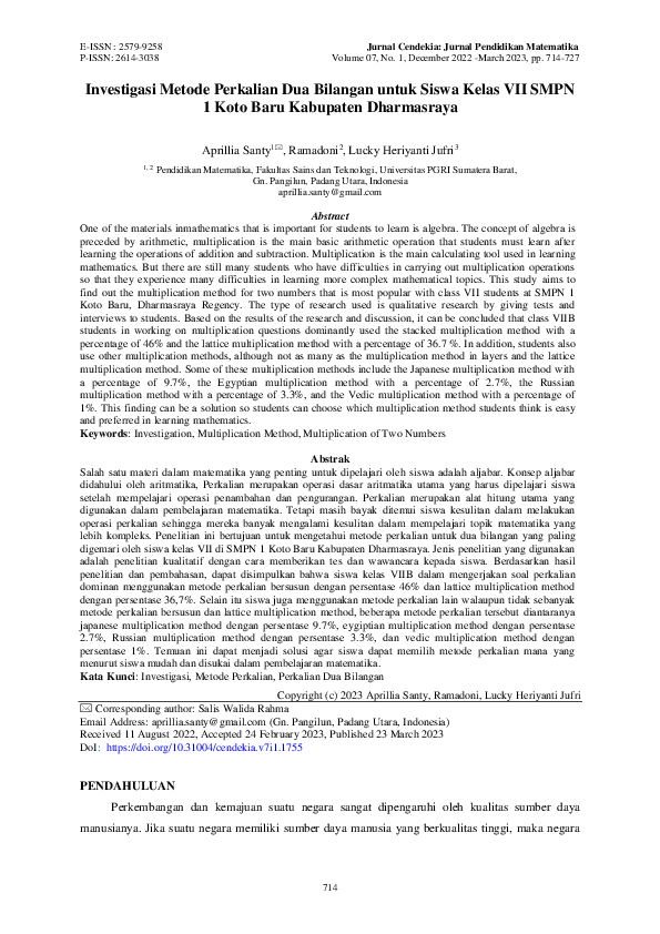 (PDF) Investigasi Metode Perkalian Dua Bilangan untuk Siswa Kelas VII ...