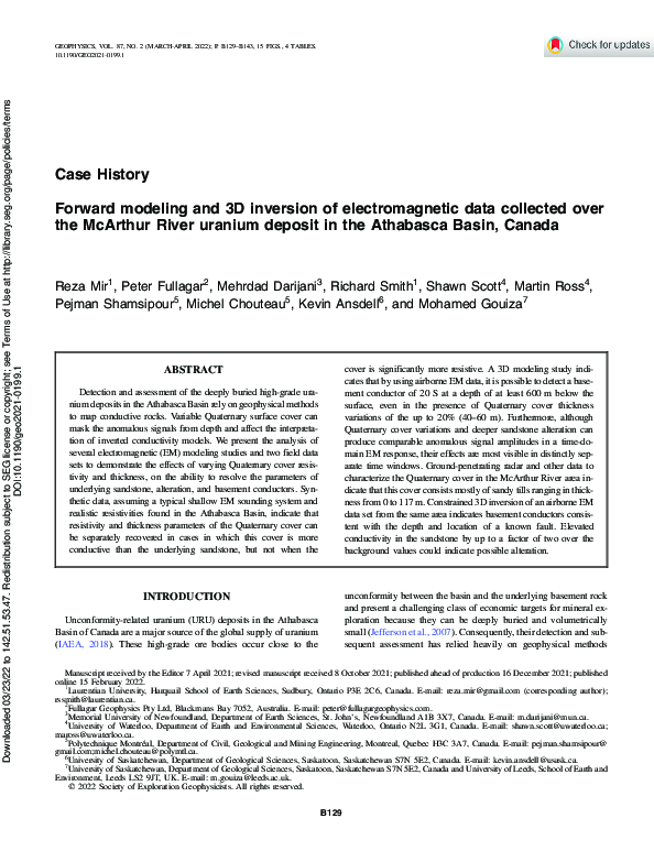 (PDF) Forward modeling and 3D inversion of electromagnetic data collected over the McArthur ...