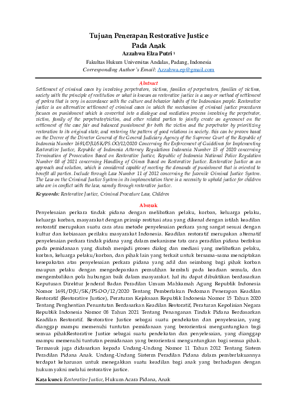 (PDF) Tujuan Penerapan Restorative Justice Pada Anak