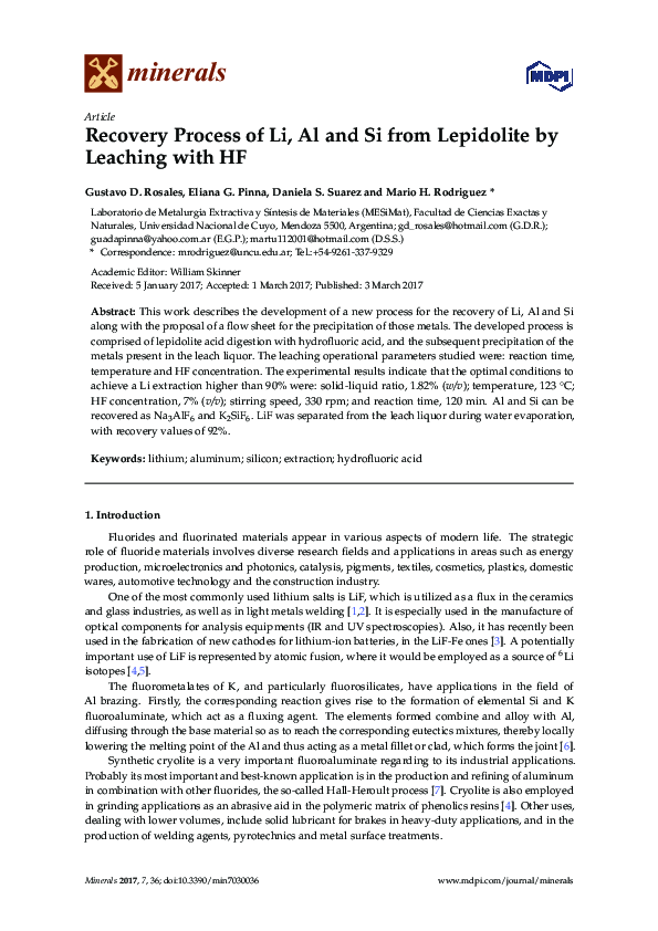 (PDF) Recovery Process of Li, Al and Si from Lepidolite by Leaching with HF