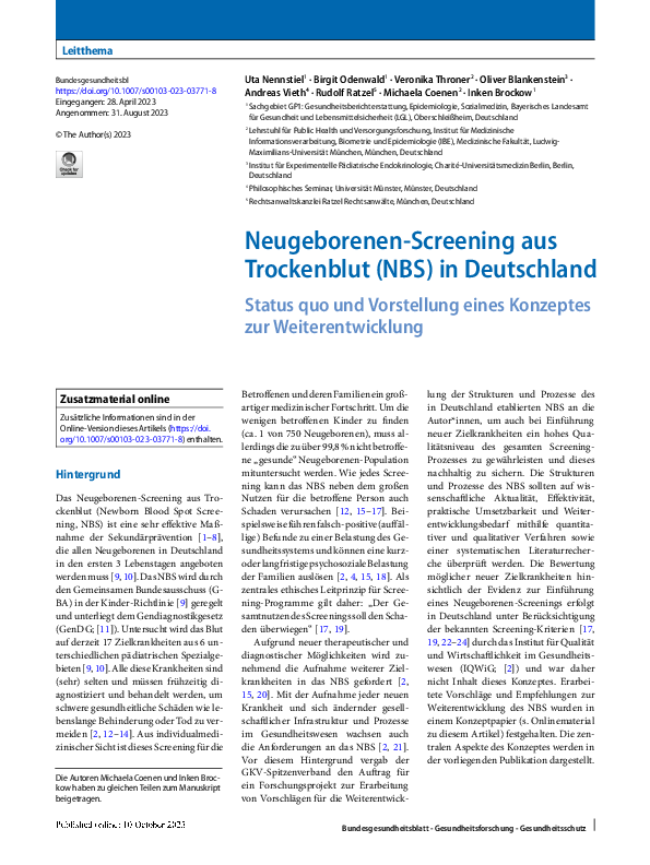 (PDF) Newborn blood spot screening (NBS) in Germany | Andreas Vieth ...