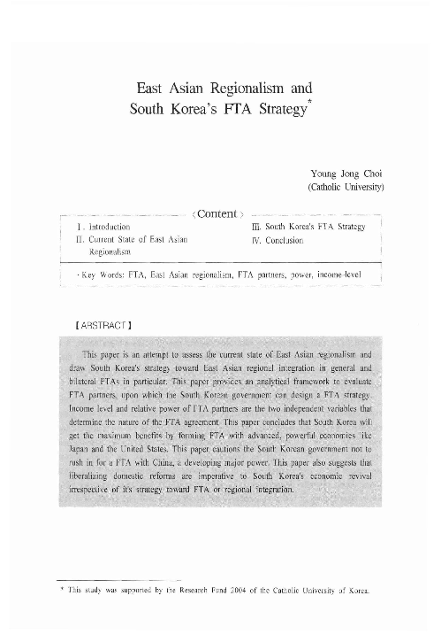 (PDF) East Asian Regionalism and South Korea's FTA Strategy