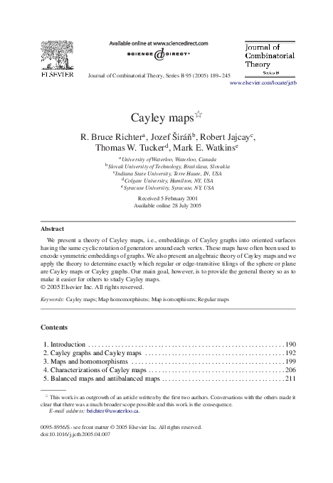 (PDF) Cayley maps | Jozef Siran and Thomas Tucker - Academia.edu