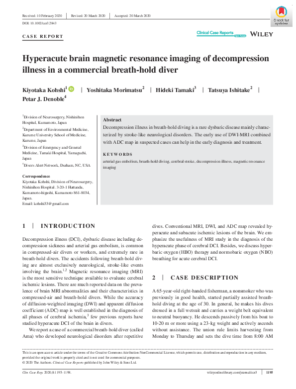 (PDF) Hyperacute brain magnetic resonance imaging of decompression illness in a commercial ...