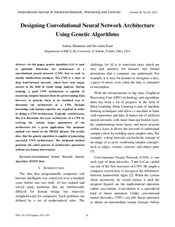 Pdf Designing Convolutional Neural Network Architecture Using Genetic Algorithms Ashray