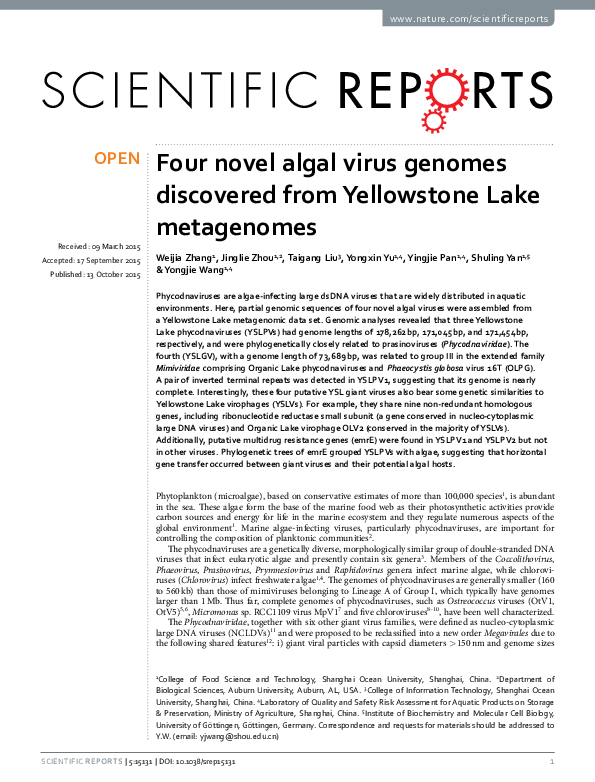 (PDF) Four novel algal virus genomes discovered from Yellowstone Lake ...