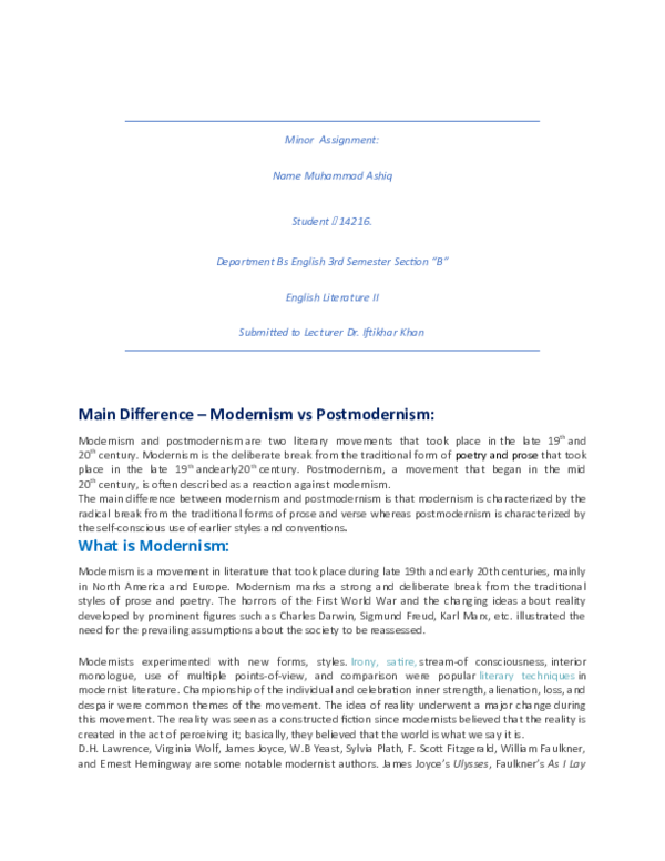 (DOC) Main Difference -Modernism vs Postmodernism