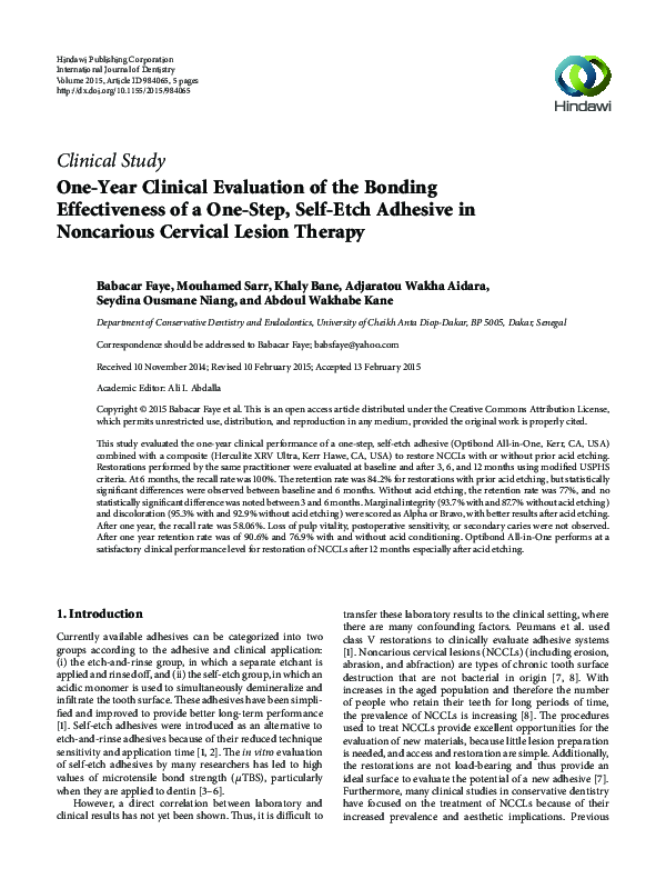 (PDF) One-Year Clinical Evaluation of the Bonding Effectiveness of a ...