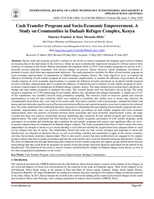 (PDF) Cash Transfer Program and Socio-Economic Empowerment. A Study on ...