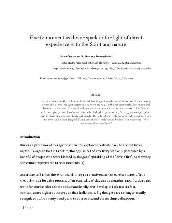 (PDF) Eureka moment as divine spark in the light of direct experience ...