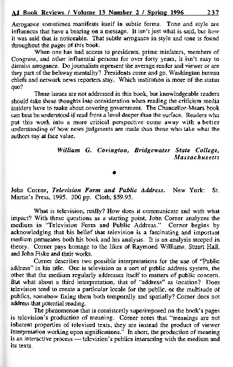 (PDF) John Corner, Television Form and Public Address. New York: St ...