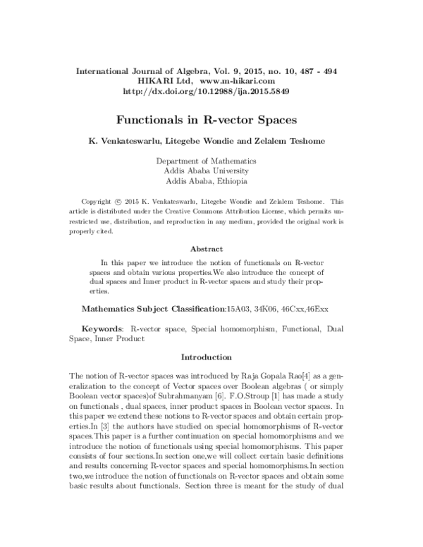 (PDF) Functionals in R-vector spaces