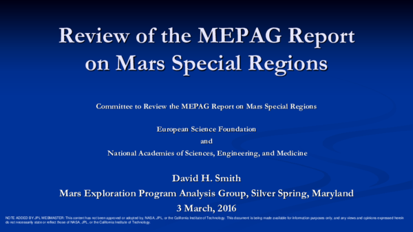 (PDF) Review of the MEPAG Report on Mars Special Regions