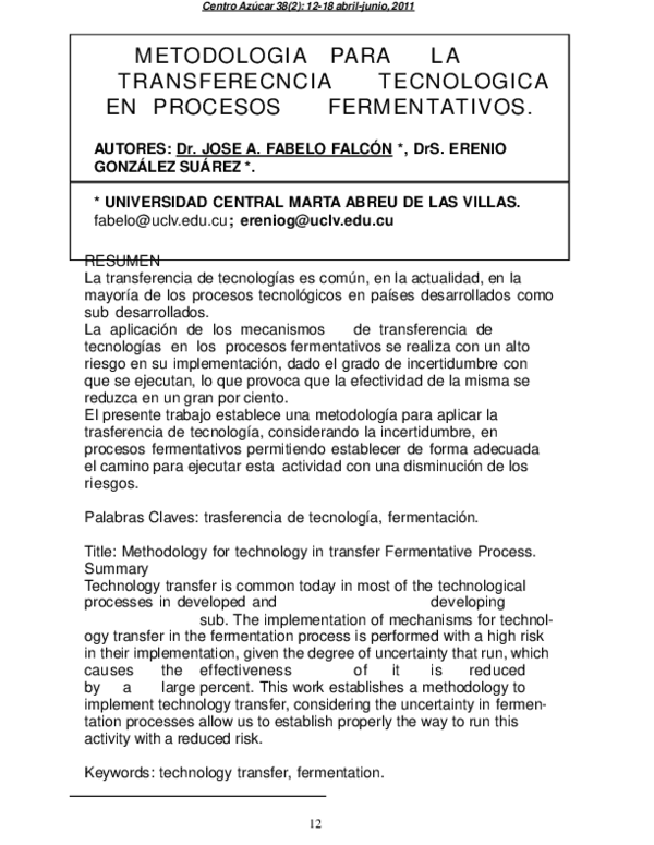 (PDF) Metodologia para la transferencia tecnológica en procesos fermentativos | fabelo falcon ...