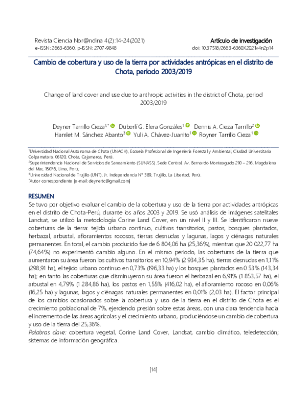 (PDF) Cambio de cobertura y uso de la tierra por actividades antrópicas en el distrito de Chota ...