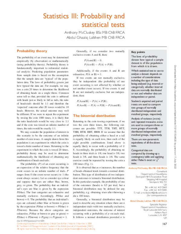 (PDF) Statistics III: Probability and statistical tests