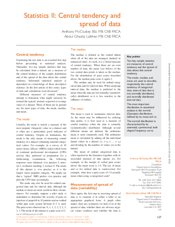 (PDF) Central Tendency and Data Spread in Statistics