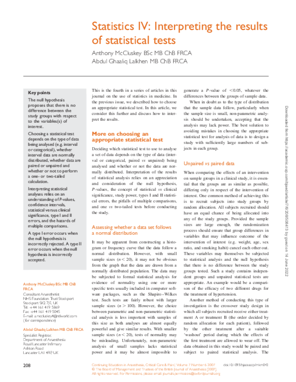 (PDF) Statistics IV: Interpreting the results of statistical tests