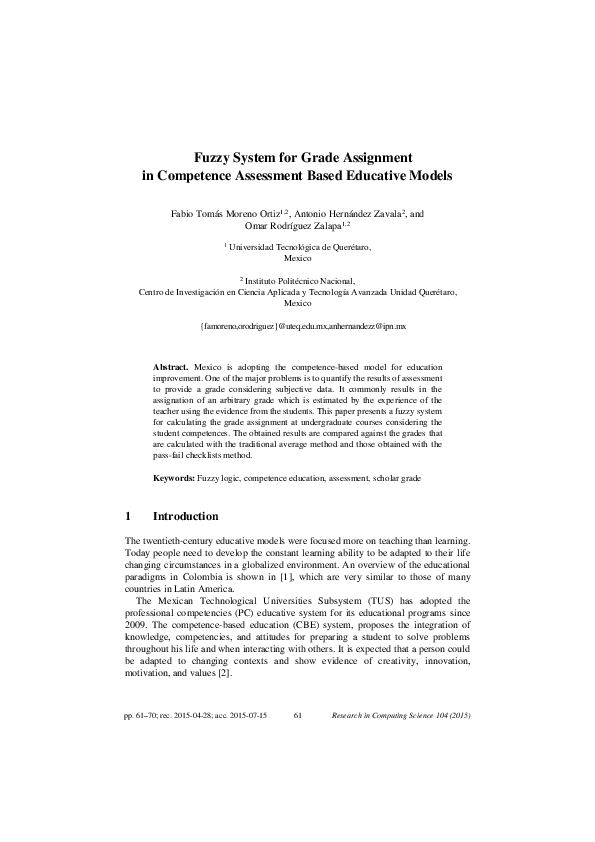 (PDF) Fuzzy System for Grade Assignment in Competence Assessment Based Educative Models