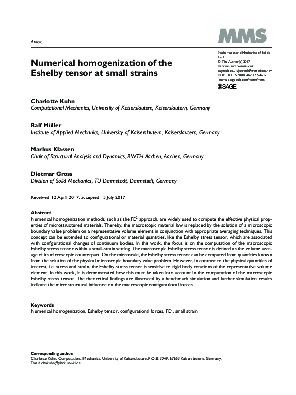 (PDF) Numerical homogenization of the Eshelby tensor at small strains