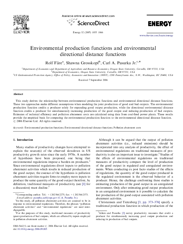 Pdf Environmental Production Functions And Environmental Directional