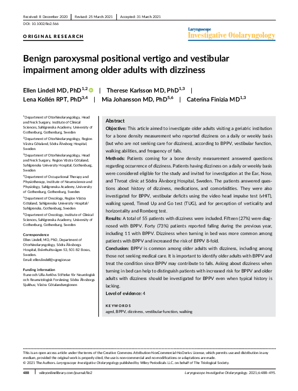 (PDF) Benign paroxysmal positional vertigo and vestibular impairment ...