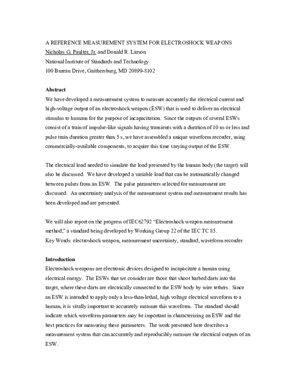 (PDF) A Reference Measurement System for Electroshock Weapons | Nist ...