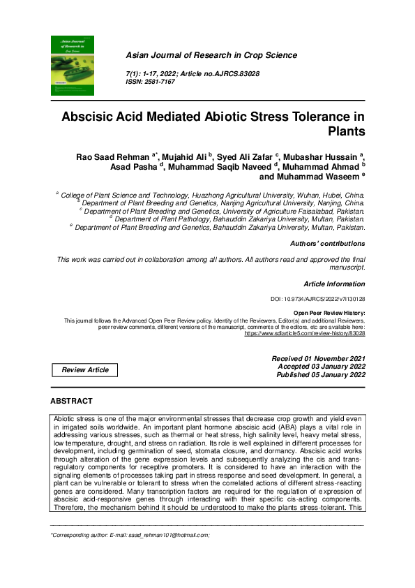 (PDF) Abscisic Acid Mediated Abiotic Stress Tolerance in Plants