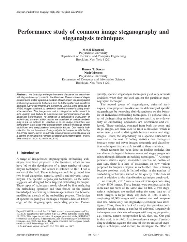 (PDF) Performance study of common image steganography and steganalysis techniques