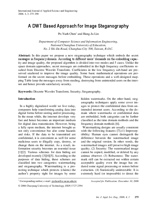 (PDF) A DWT based approach for image steganography