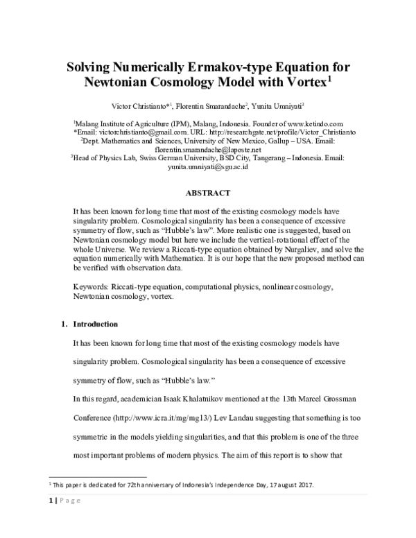 (PDF) Solving Numerically Ermakov-type Equation for Newtonian Cosmology Model with Vortex ...
