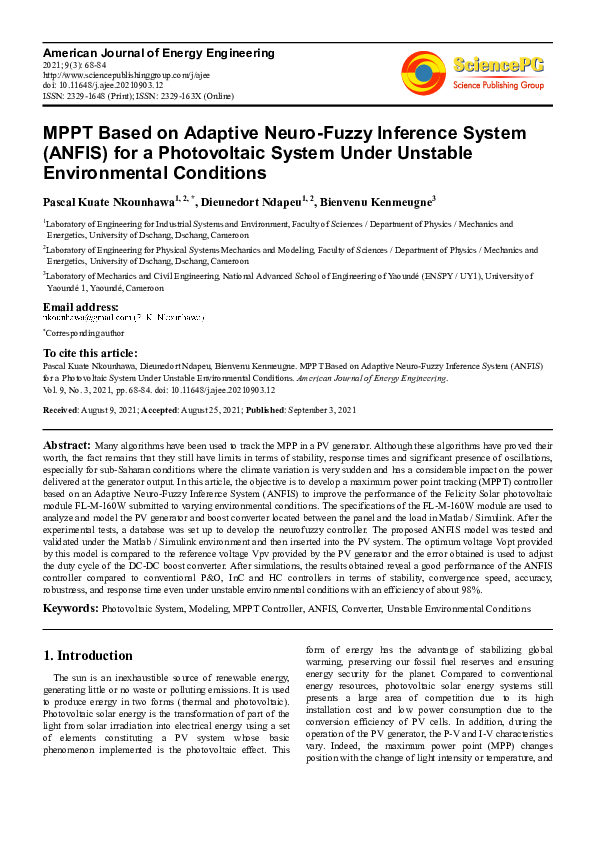 (PDF) MPPT Based on Adaptive Neuro-Fuzzy Inference System (ANFIS) for a ...