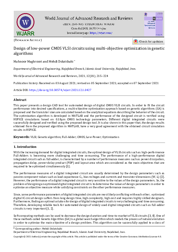 Pdf Design Of Low Power Cmos Vlsi Circuits Using Multi Objective Optimization In Genetic