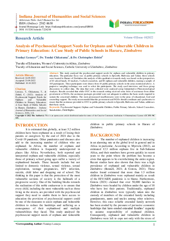 (PDF) Analysis of Psychosocial Support Needs for Orphans and Vulnerable Children in Primary ...