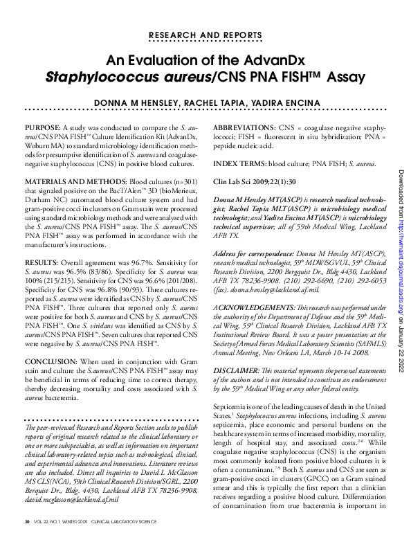 (PDF) An Evaluation of the AdvanDx Staphylococcus aureus/CNS PNA FISH ...