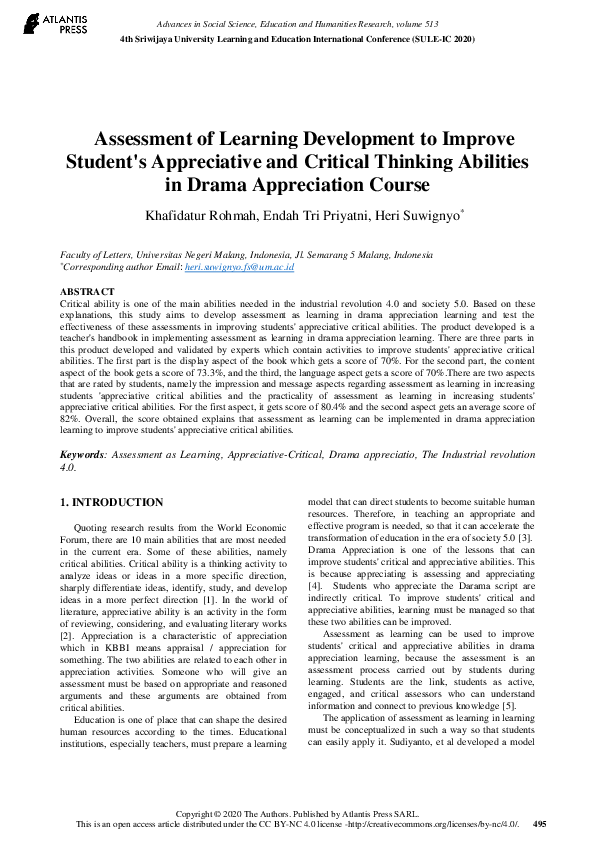 (PDF) Assessment of Learning Development to Improve Student’s Appreciative and Critical Thinking ...