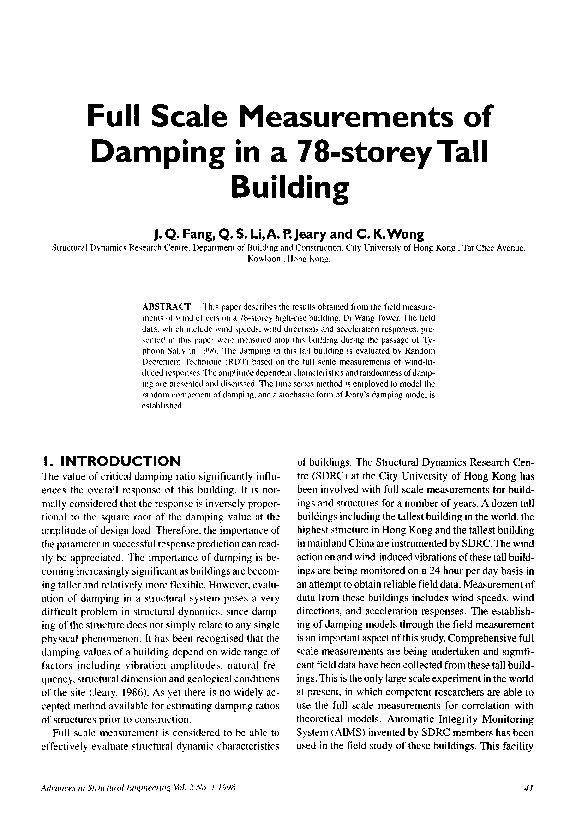 (PDF) Full Scale Measurements of Damping in a 78-storey Tall Building ...