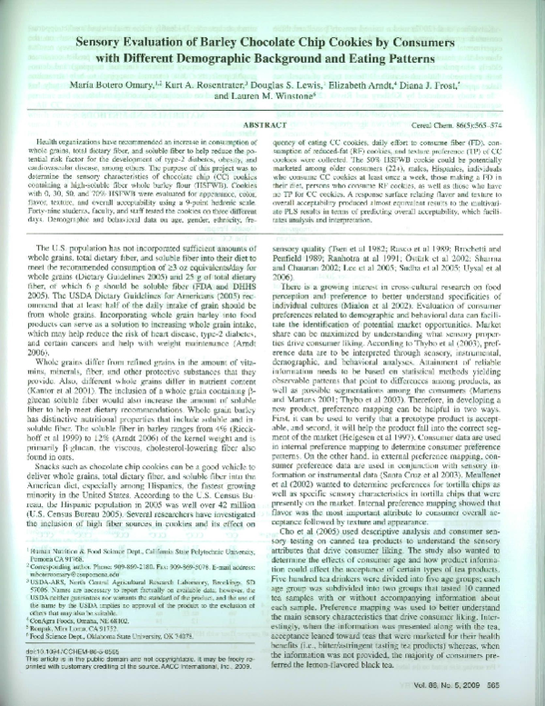 (PDF) Sensory Evaluation of Barley Chocolate Chip Cookies by Consumers ...