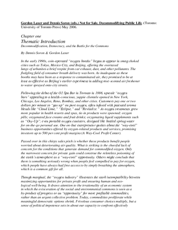 (PDF) One. Thematic Introduction: Decommodification, Democracy, and the ...