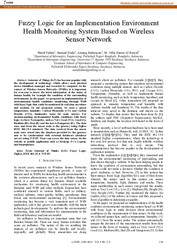 (PDF) Fuzzy Logic for an Implementation Environment Health Monitoring System Based on Wireless ...