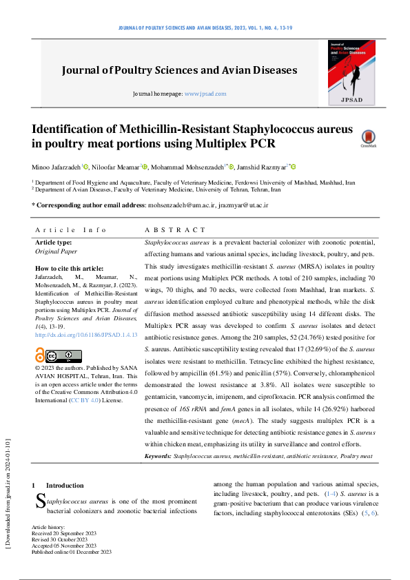 Pdf Identification Of Methicillin Resistant Staphylococcus Aureus In Poultry Meat Portions