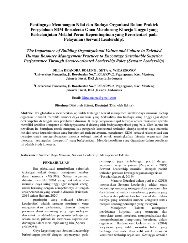(PDF) Pentingnya Membangun Nilai dan Budaya Organisasi Dalam Praktek Pengelolaan SDM Bertalenta ...